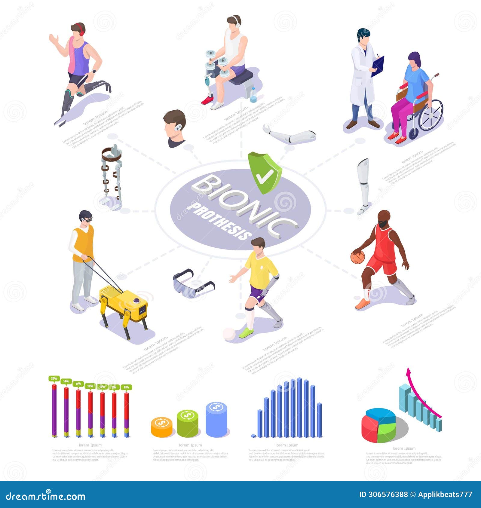 Bionic Prosthesis Isometric Infographic, Flat Vector Illustration. Disabled People Using Bionic ...