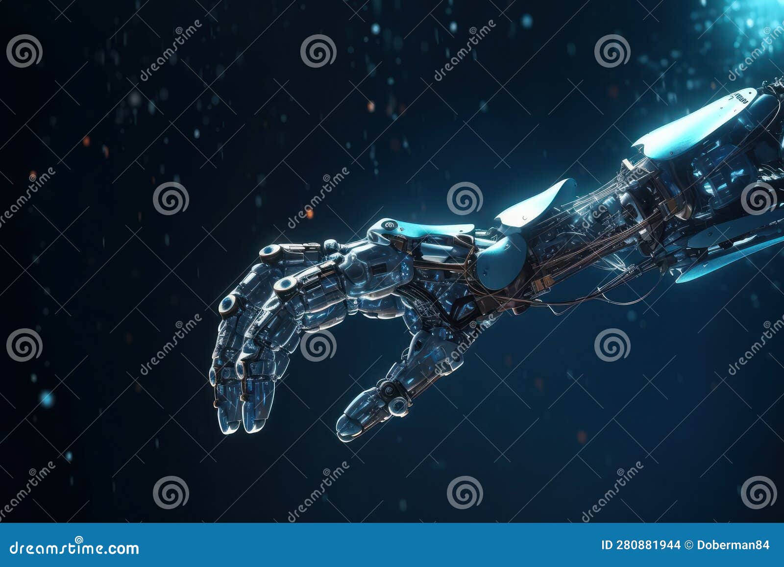 Bionic Robot Arm. Cyborg Metal Hand On A Blurred Blue Background. AI ...