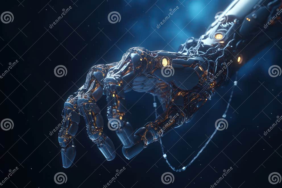 Bionic Robot Arm. Cyborg Metal Hand on a Blurred Blue Background. AI ...