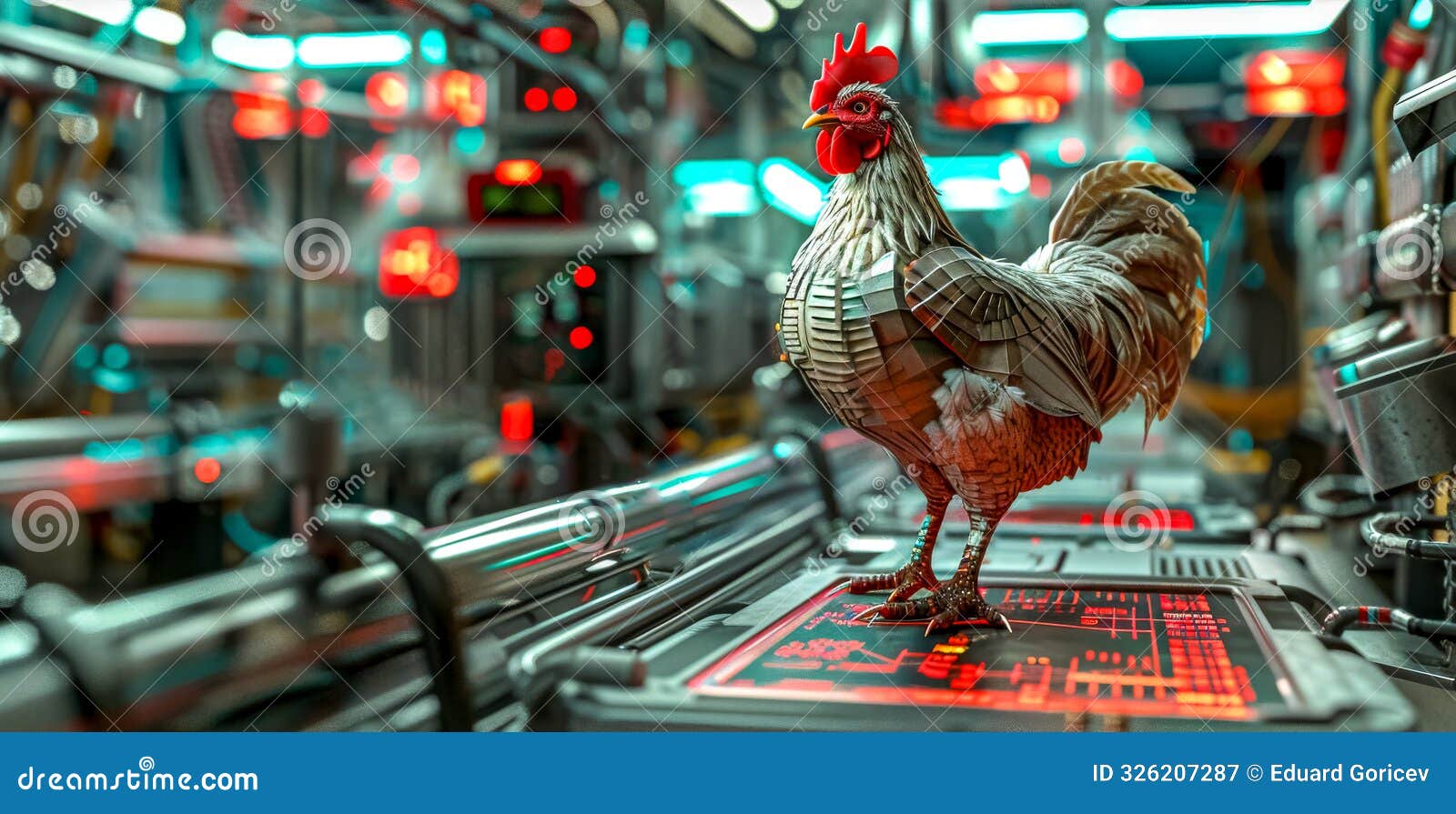 Bionic Rooster Standing on Control Panel in Futuristic Factory Stock ...