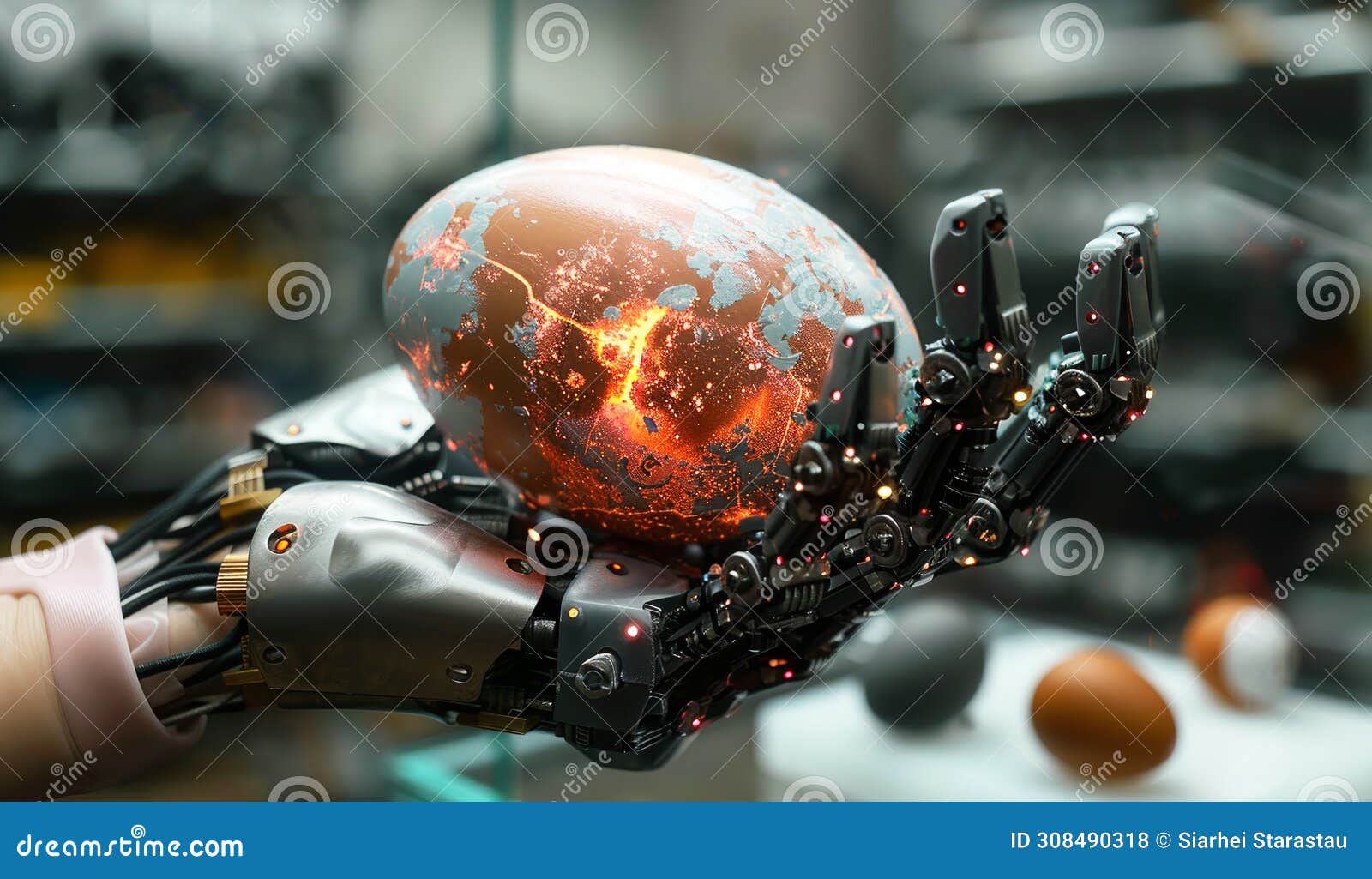 The Biorobot Holds a Mock-up of an Easter Egg in Its Hand,Generated by ...