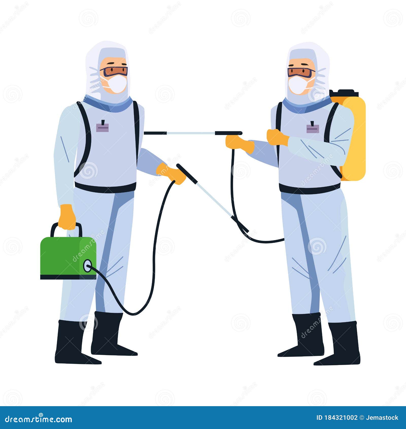 Biosafety Workers With Sprayer Portable And Tanks Cartoon Vector ...