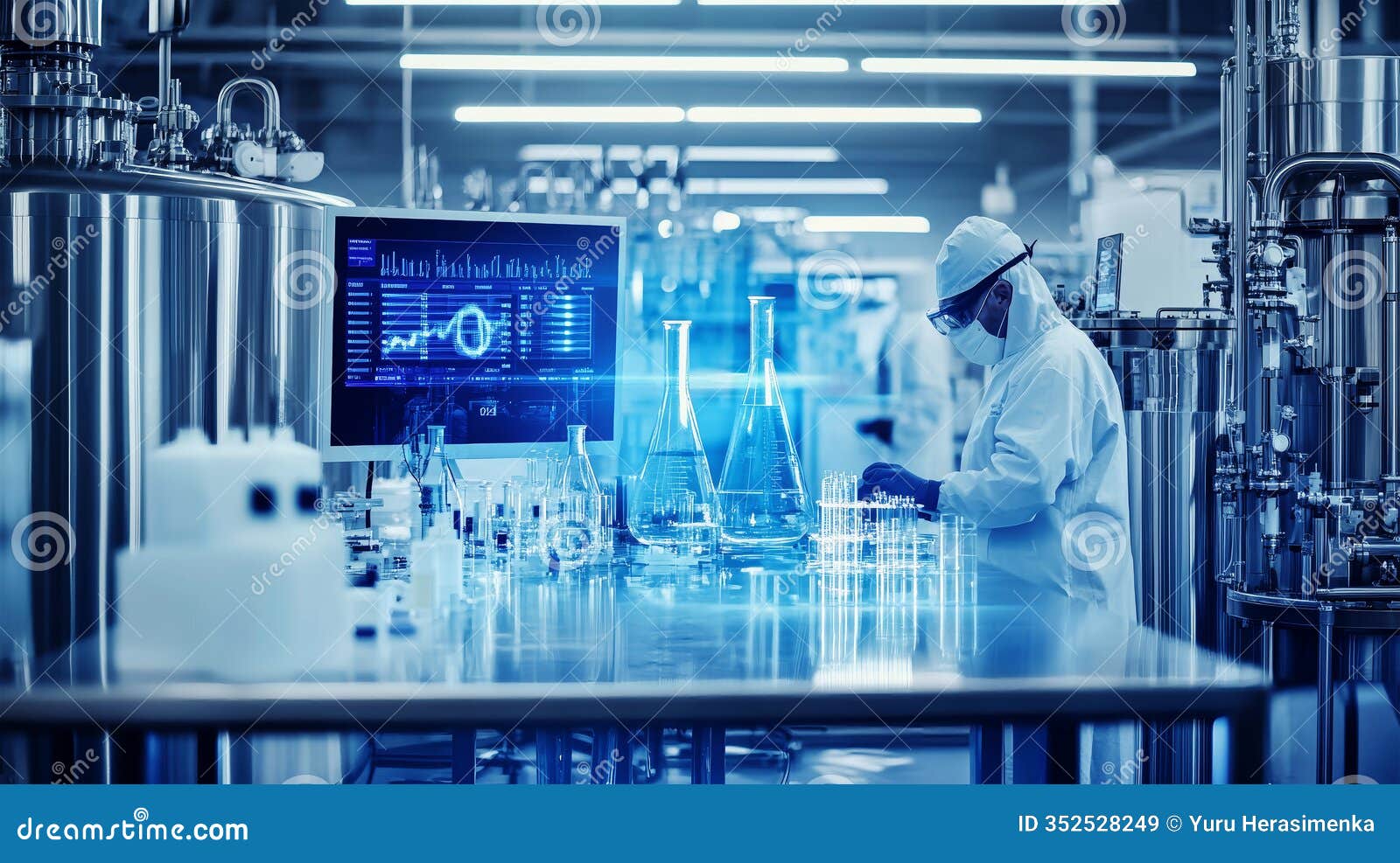 Biotech Plant in Action with Scientist at Work in High Contrast Double ...