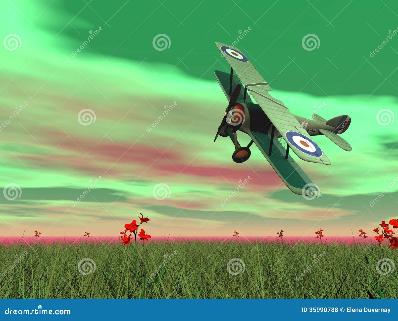Biplane flying - 3D render stock illustration. Illustration of army ...