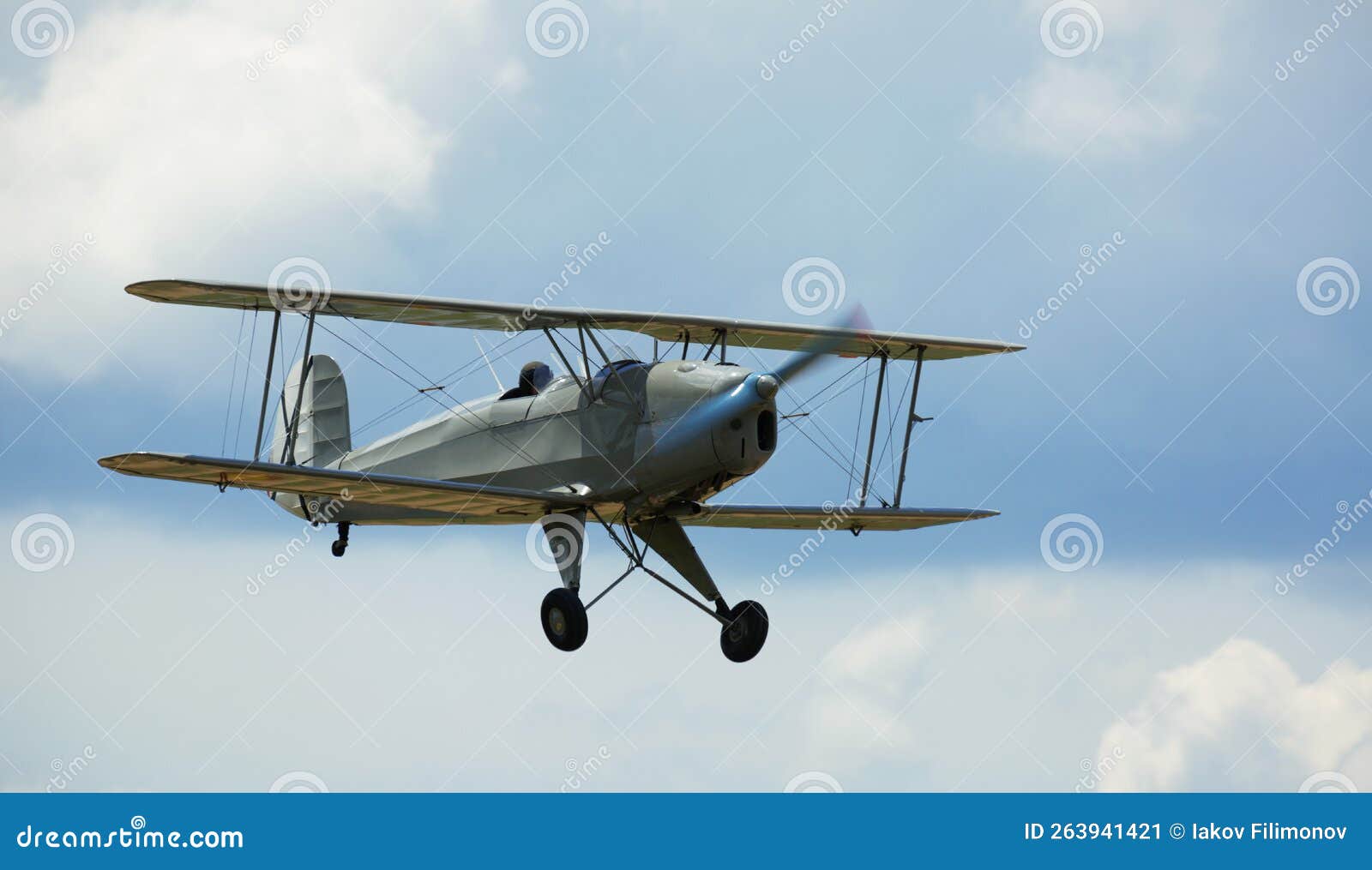 Biplane flying in sky stock image. Image of demonstrations - 263941421