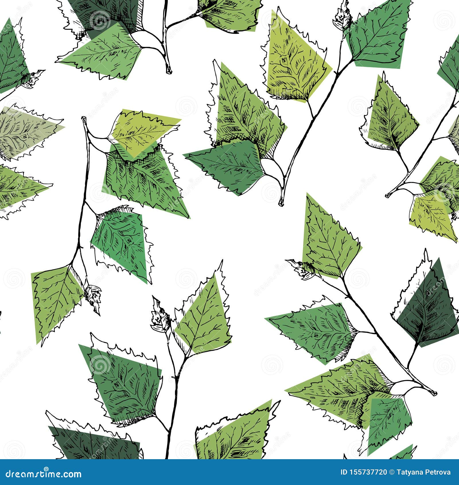 Birch Leaves Pattern. Hand Drawn Green Birch Tree Branches, Birch ...