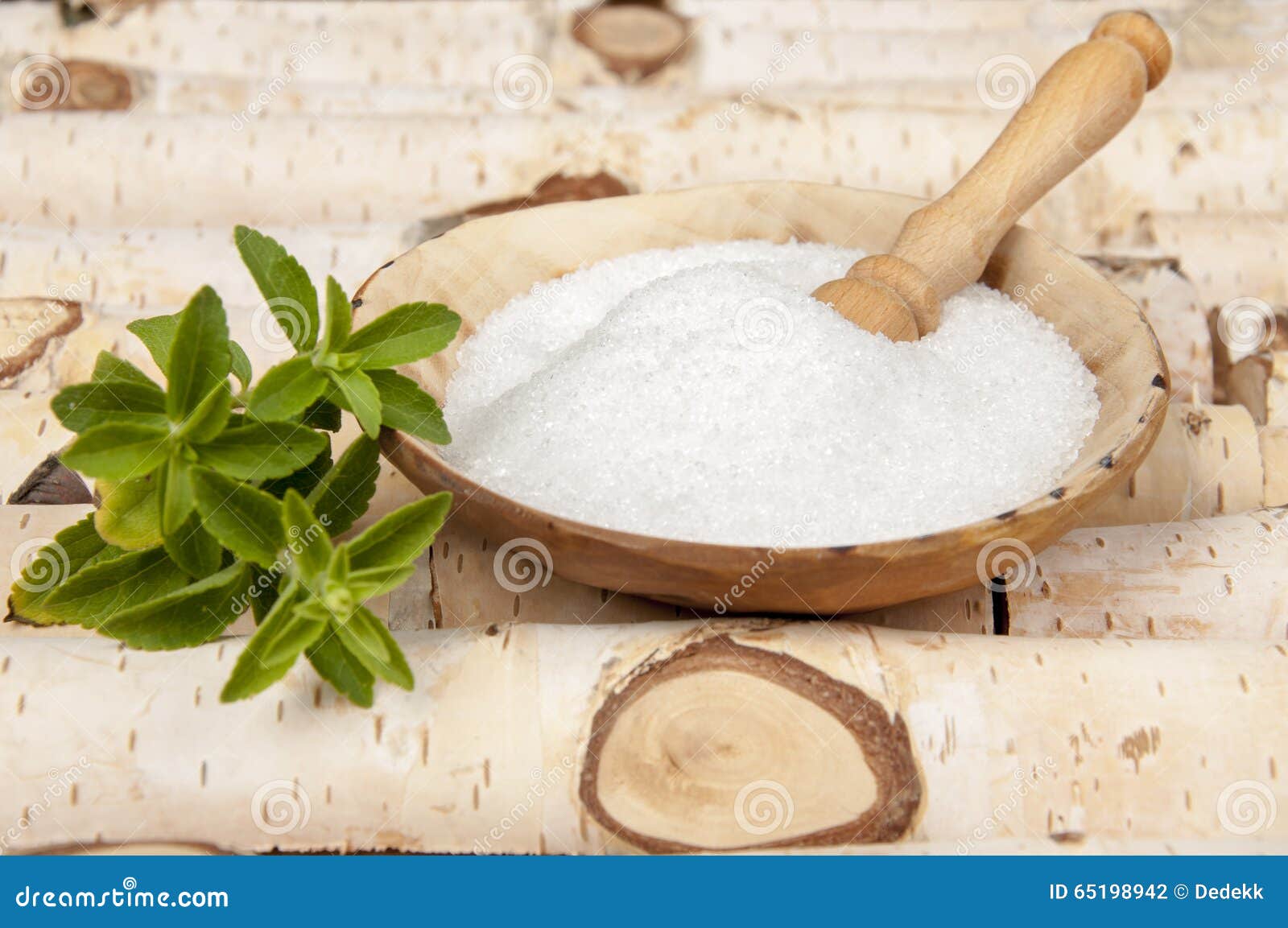 Birch Sugar Xylitol In A Glass Bowl With Mint On Wooden Closeup Royalty ...