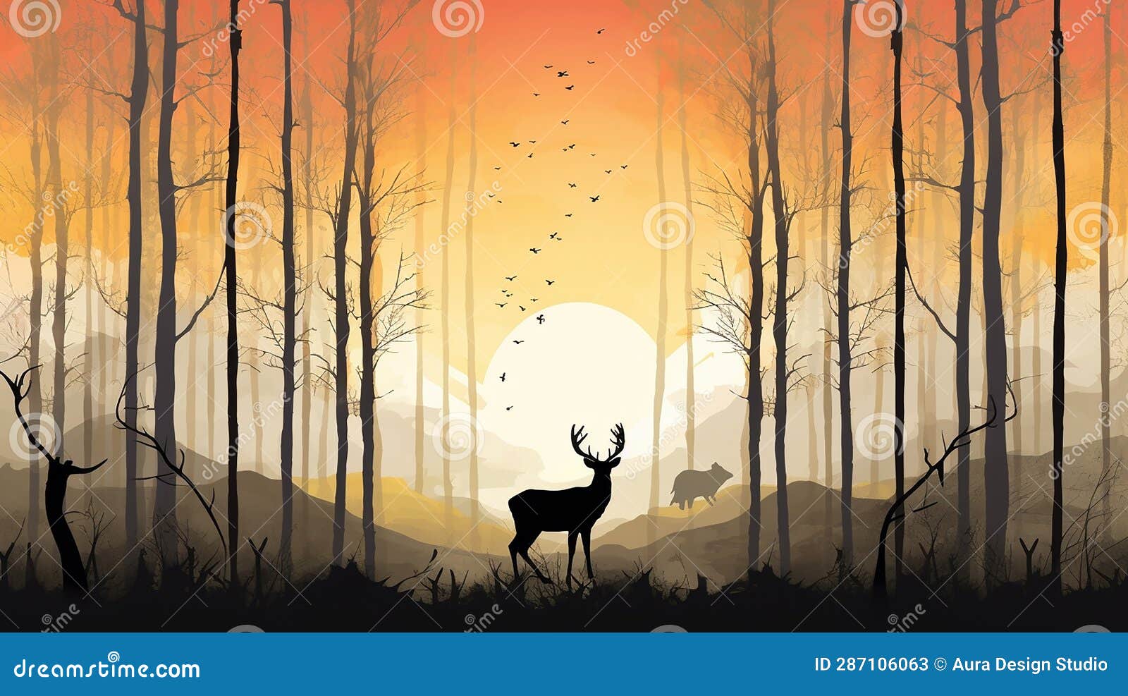 Birch Tree with Deer and Birds Silhouette Background. Stock ...