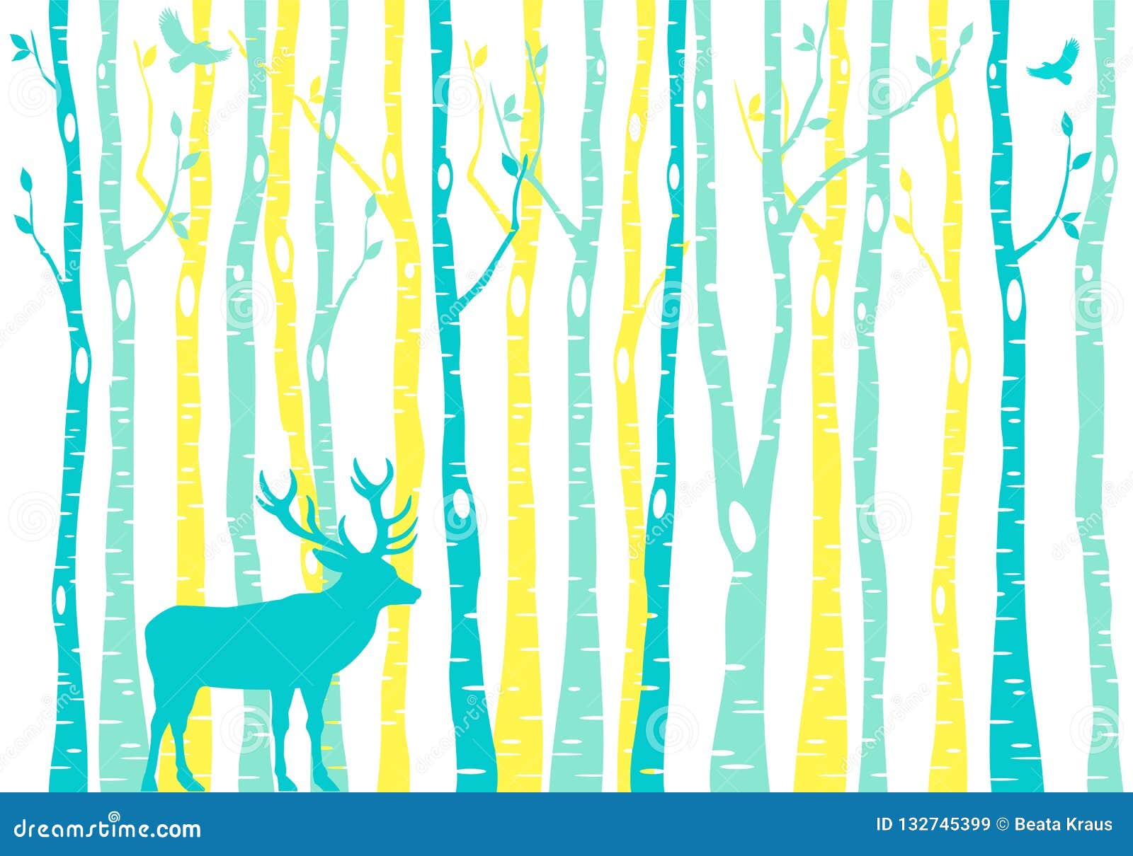 Birch Trees Forest with Reindeer, Vector Stock Vector - Illustration of ...