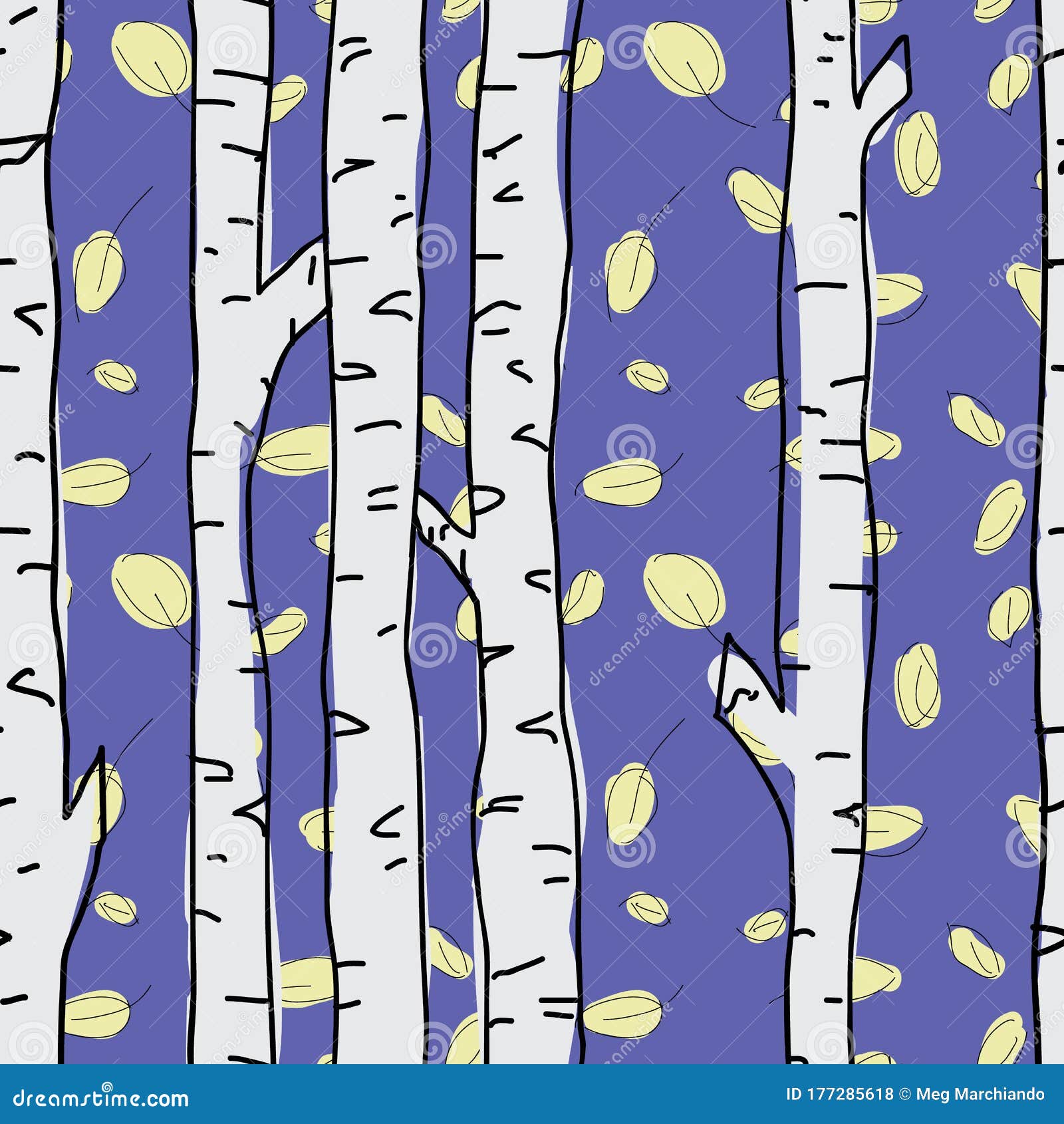 Birch Trees and Leaves Seamless Pattern on Blue Background. Seamless ...