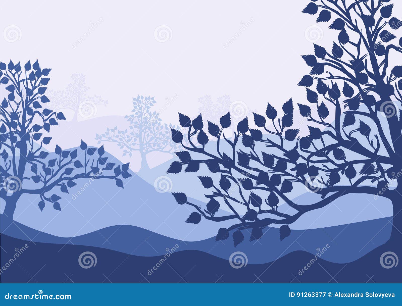 Birch Trees Silhouettes on Landscape Fading Background. Blue Forest ...