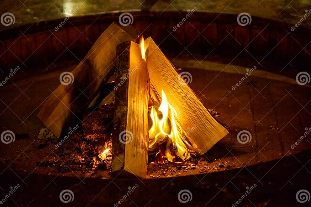 Birch Wood Burning in the Fireplace Stock Image - Image of night, birch ...