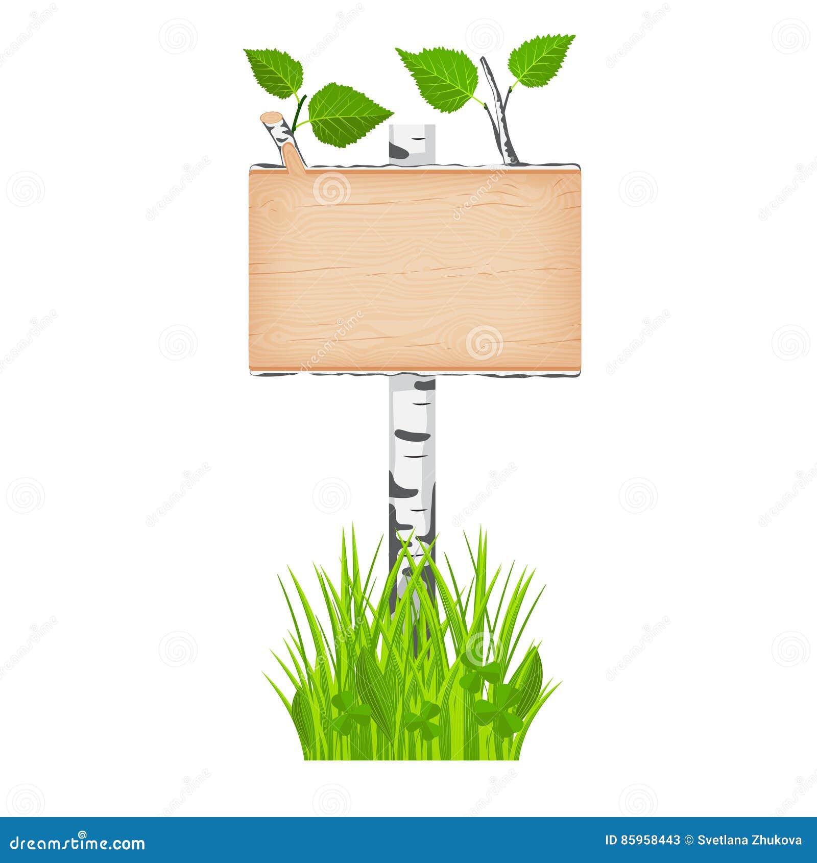 Birch Wooden Log Signboard with Green Leaves on a Pole at the Gr Stock ...