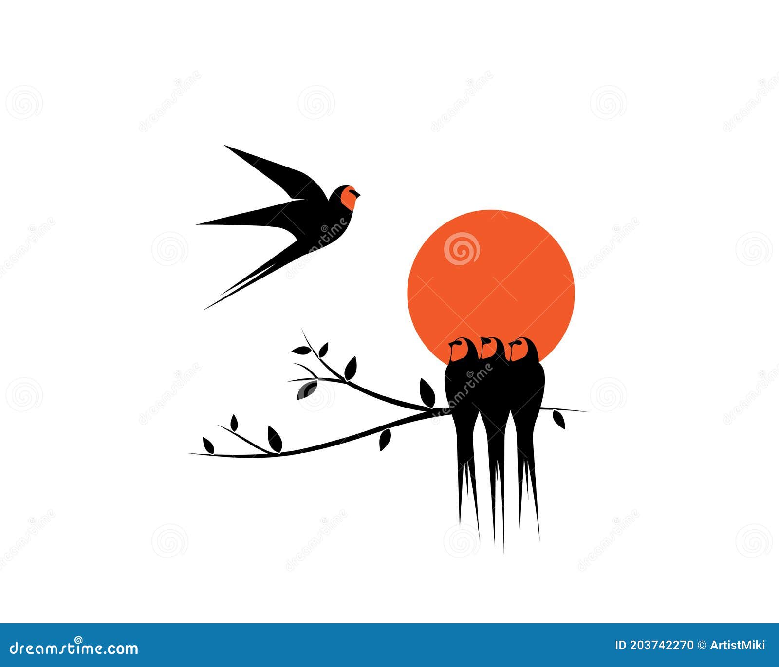 Birds Silhouettes on Branch on Sunset, Vector. Swallow Birds ...