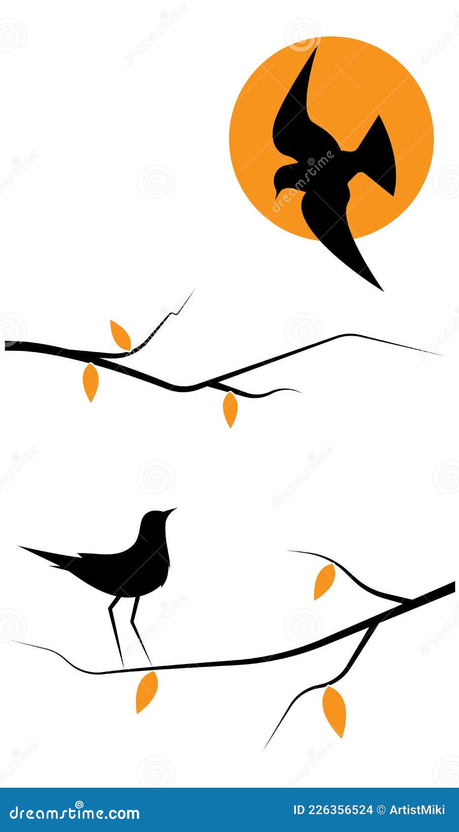 Flying Bird Silhouettes and Birds on a Tree Illustration and Sunset ...