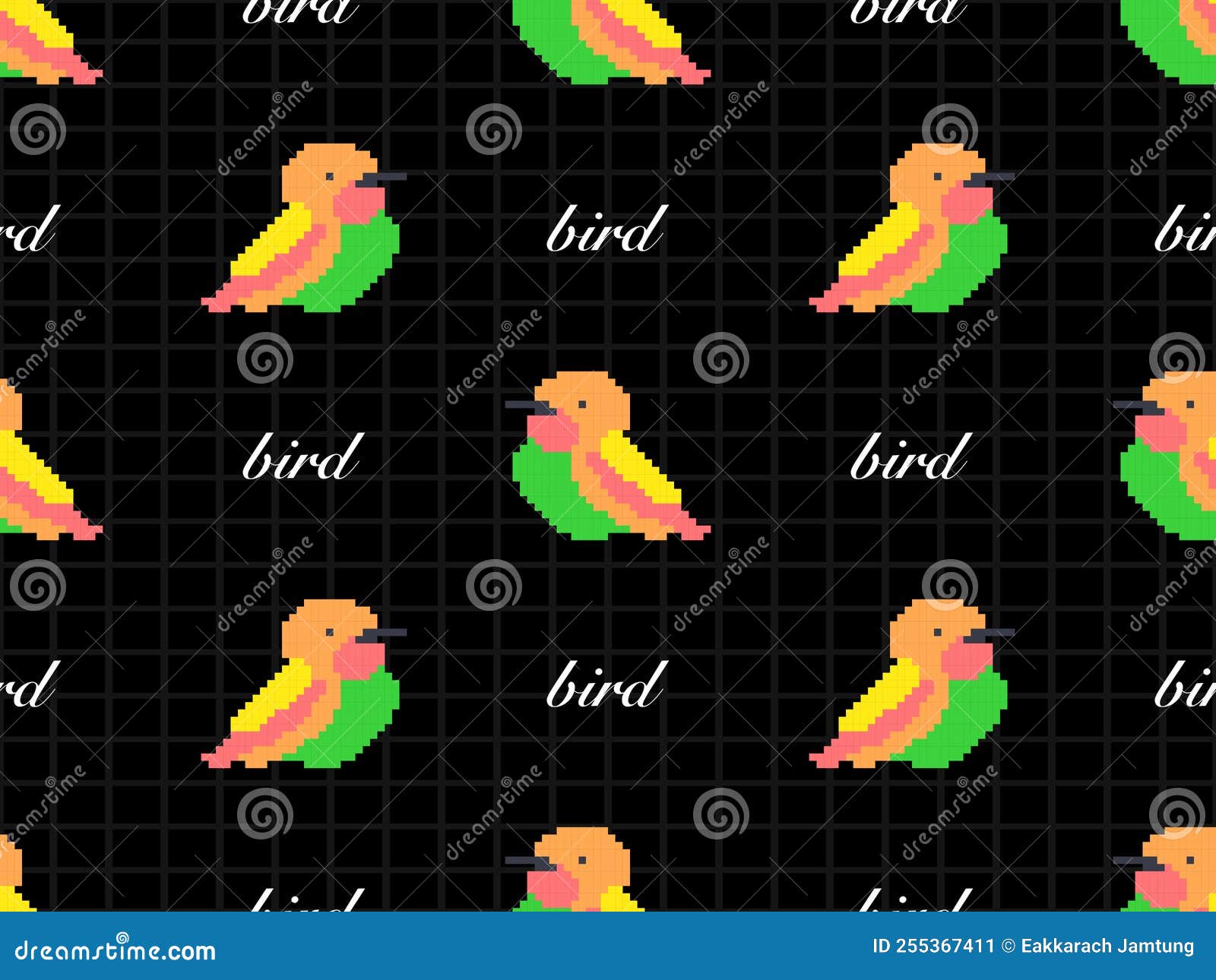 Bird Seamless Pattern On Black Background Pixel Style Stock Vector Illustration Of Leaf