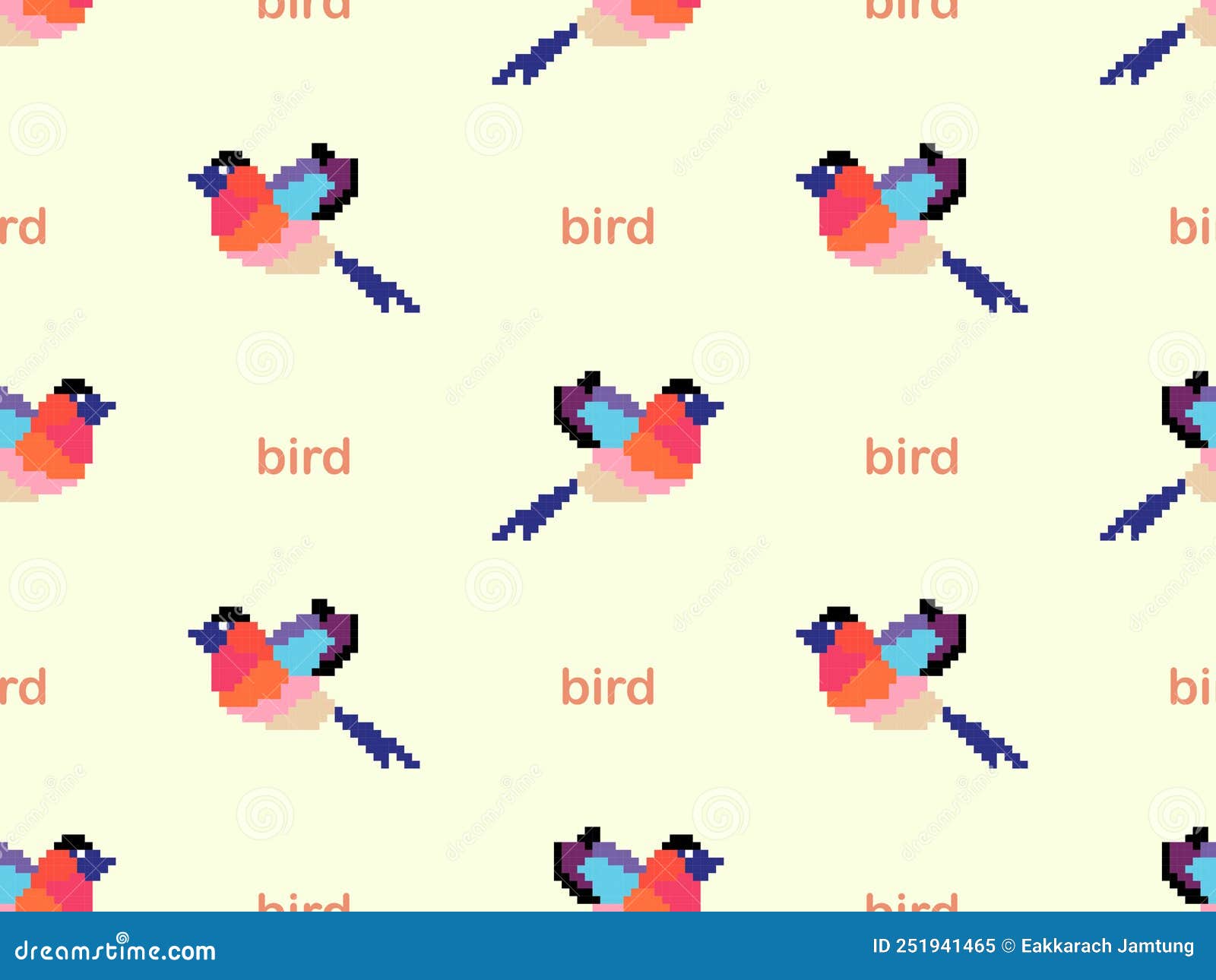 Bird Seamless Pattern on Yellow Background. Pixel Style Stock ...