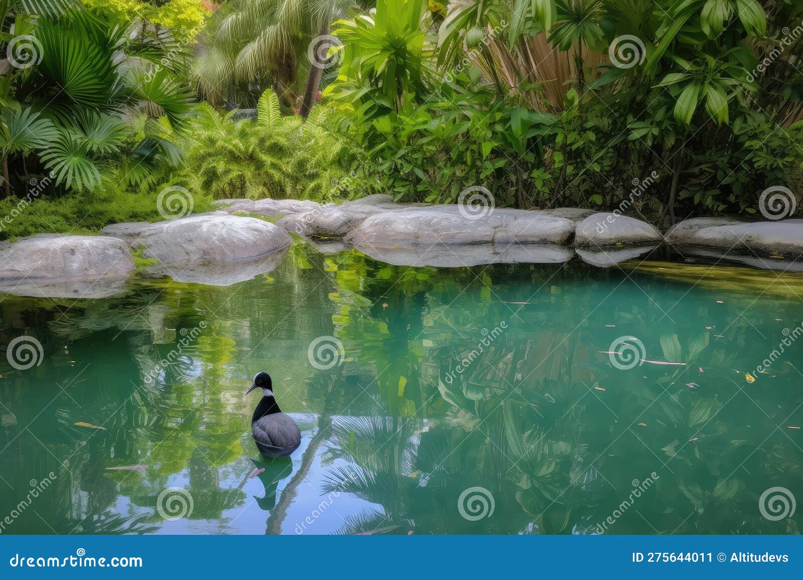 Bird in Crystal-clear Pool, Surrounded by Lush Greenery Stock Image ...