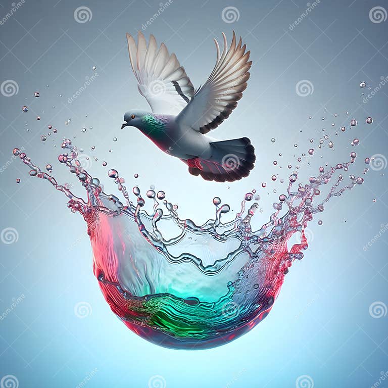 Bird Diving into a Multi-colored Water Surface Whereby Creating Complex ...