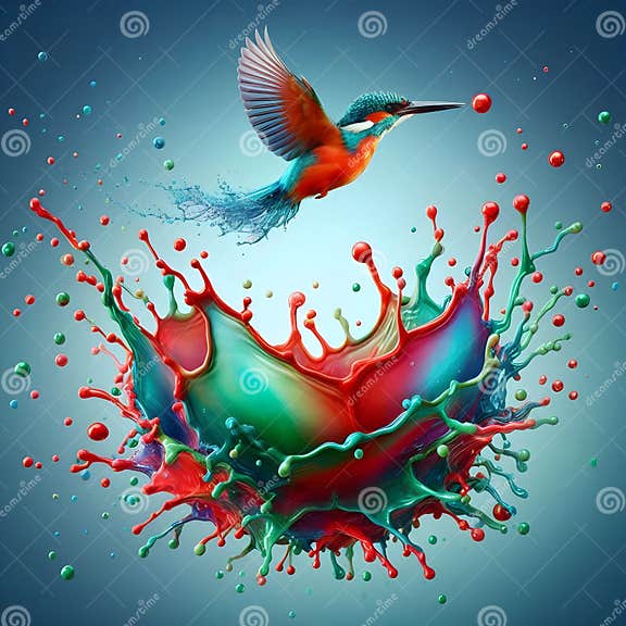 Bird Diving into a Multi-colored Water Surface Whereby Creating Complex ...