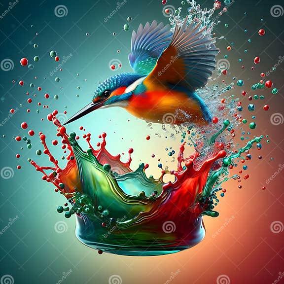 Bird Diving into a Multi-colored Water Surface Whereby Creating Complex ...