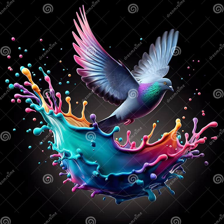 Bird Diving into a Multi-colored Water Surface Whereby Creating Complex ...