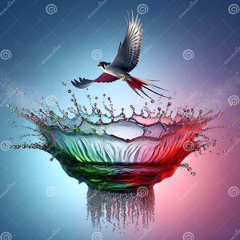 Bird Diving into a Multi-colored Water Surface Whereby Creating Complex ...