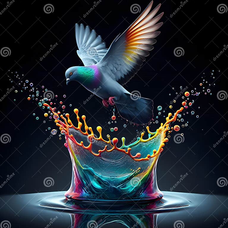 Bird Diving into a Multi-colored Water Surface Whereby Creating Complex ...