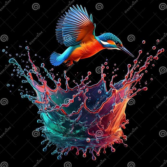 Bird Diving into a Multi-colored Water Surface Whereby Creating Complex ...