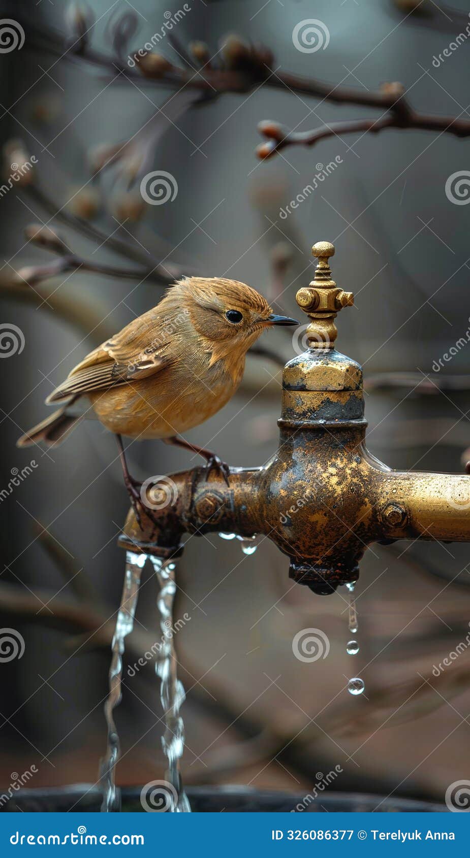 Bird Drinking from Leaky Faucet. a Small Bird Perches on a Leaking ...