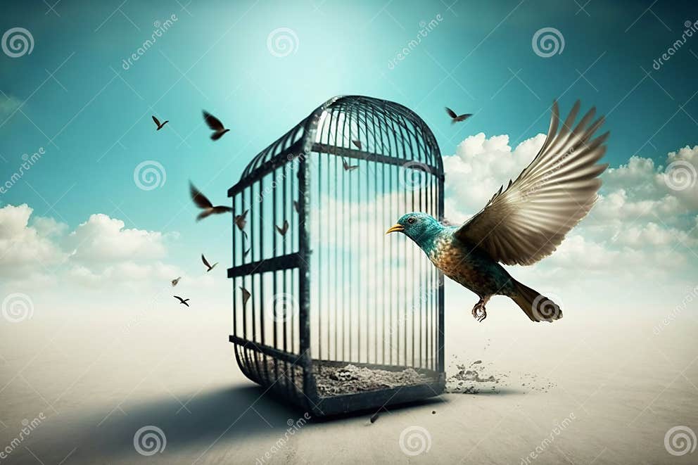Bird Escaping from the Cage. Image of Freedom. Generative AI. Stock ...