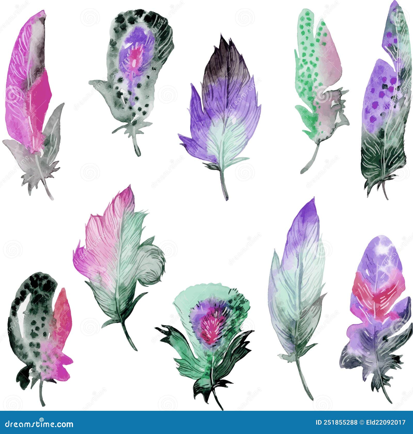 Bird Feather Element Set. Hand Drawn Watercolor Illustration Stock ...