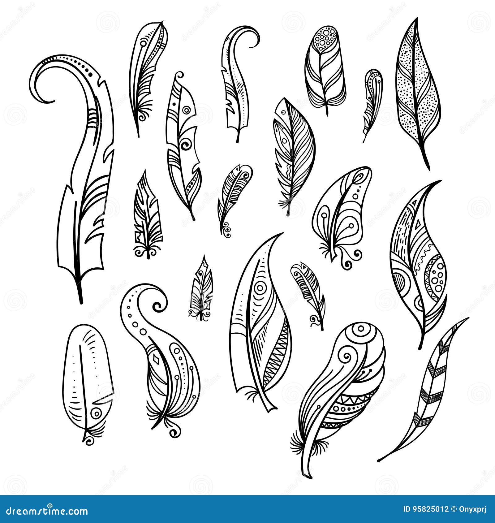 Bird Feathers. Hand Drawing Indian Elements Set Isolate on White Stock ...