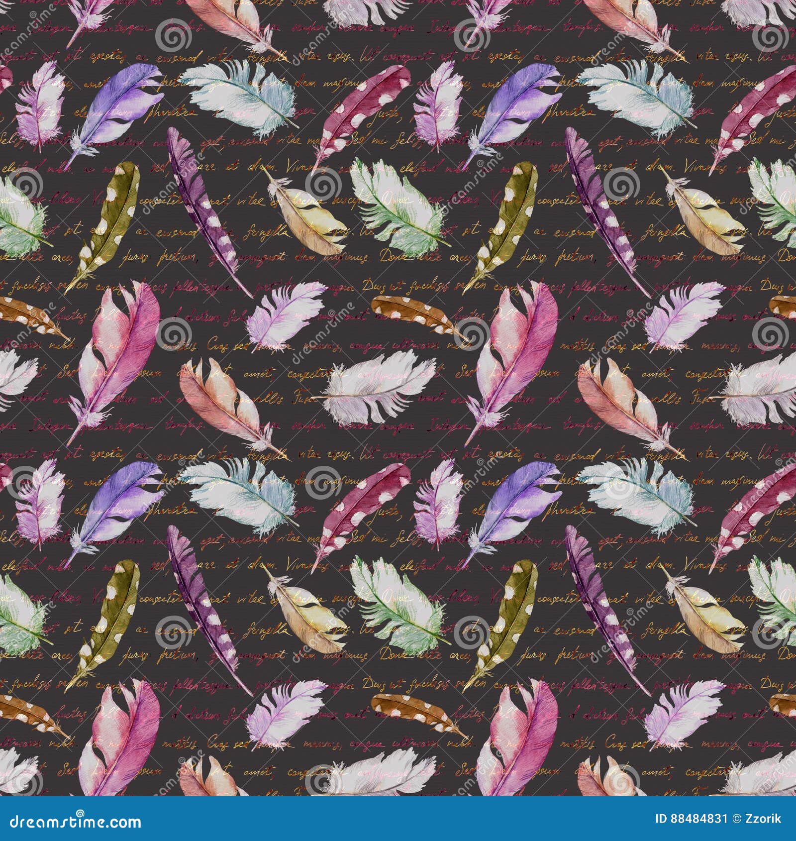 Bird Feathers, Handwritten Note. Watercolor Seamless Pattern. Stock ...