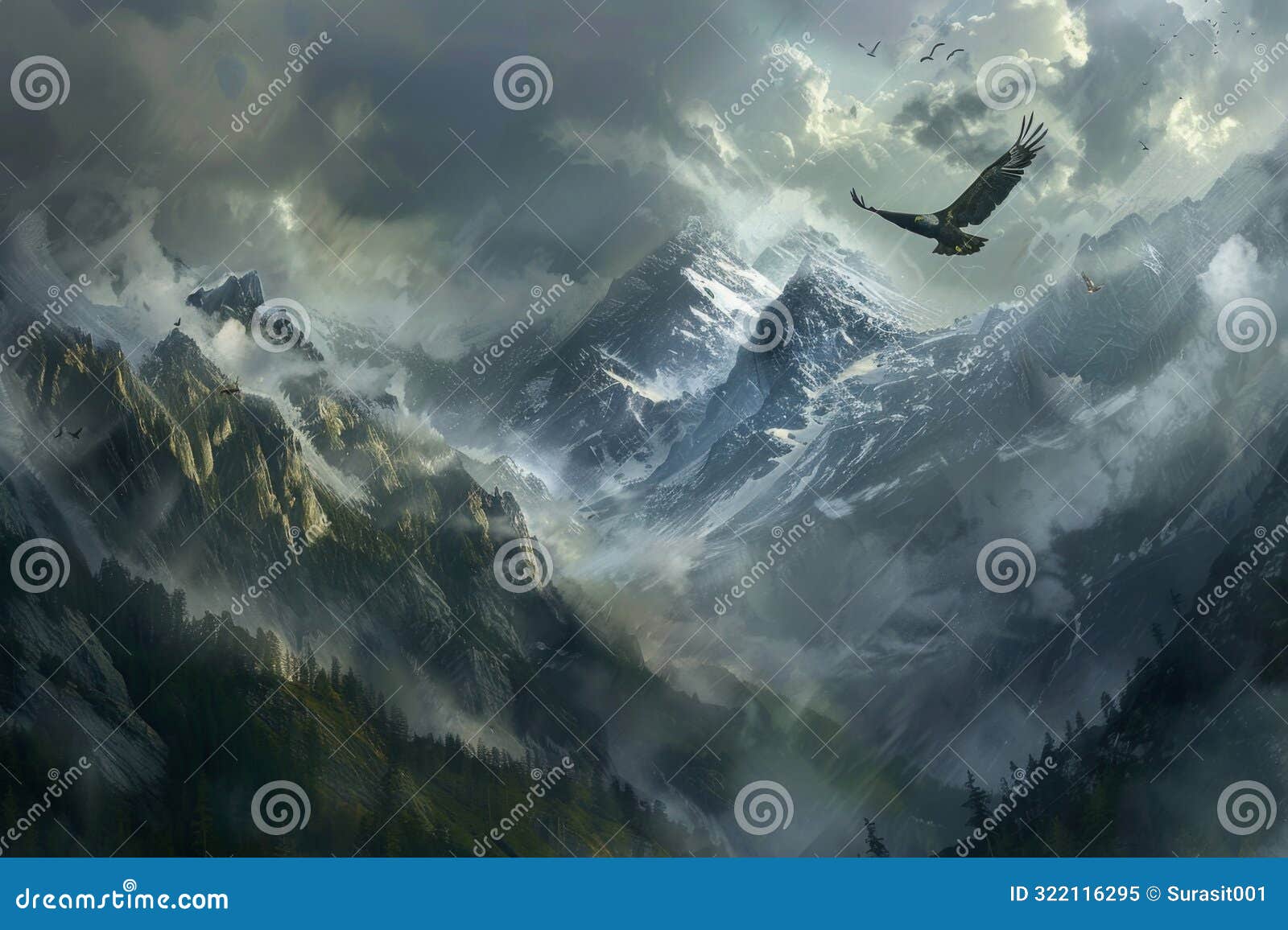 A Bird Flies Over a Mountain Range with Clouds in the Sky Stock ...
