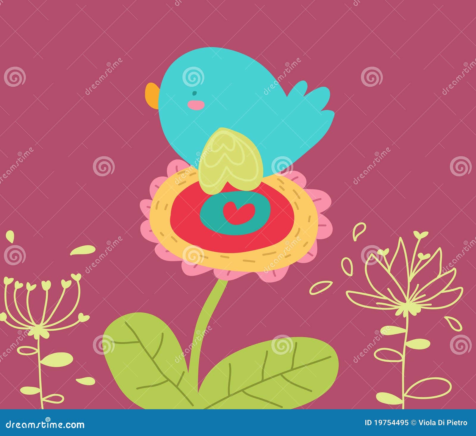 Bird on Flower Cartoon Card Stock Vector - Illustration of nature ...