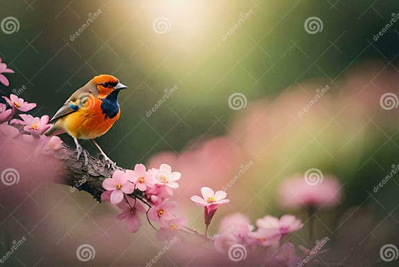 Bird on a Flower Robin on a Flower Robin on a Branch Stock Illustration ...