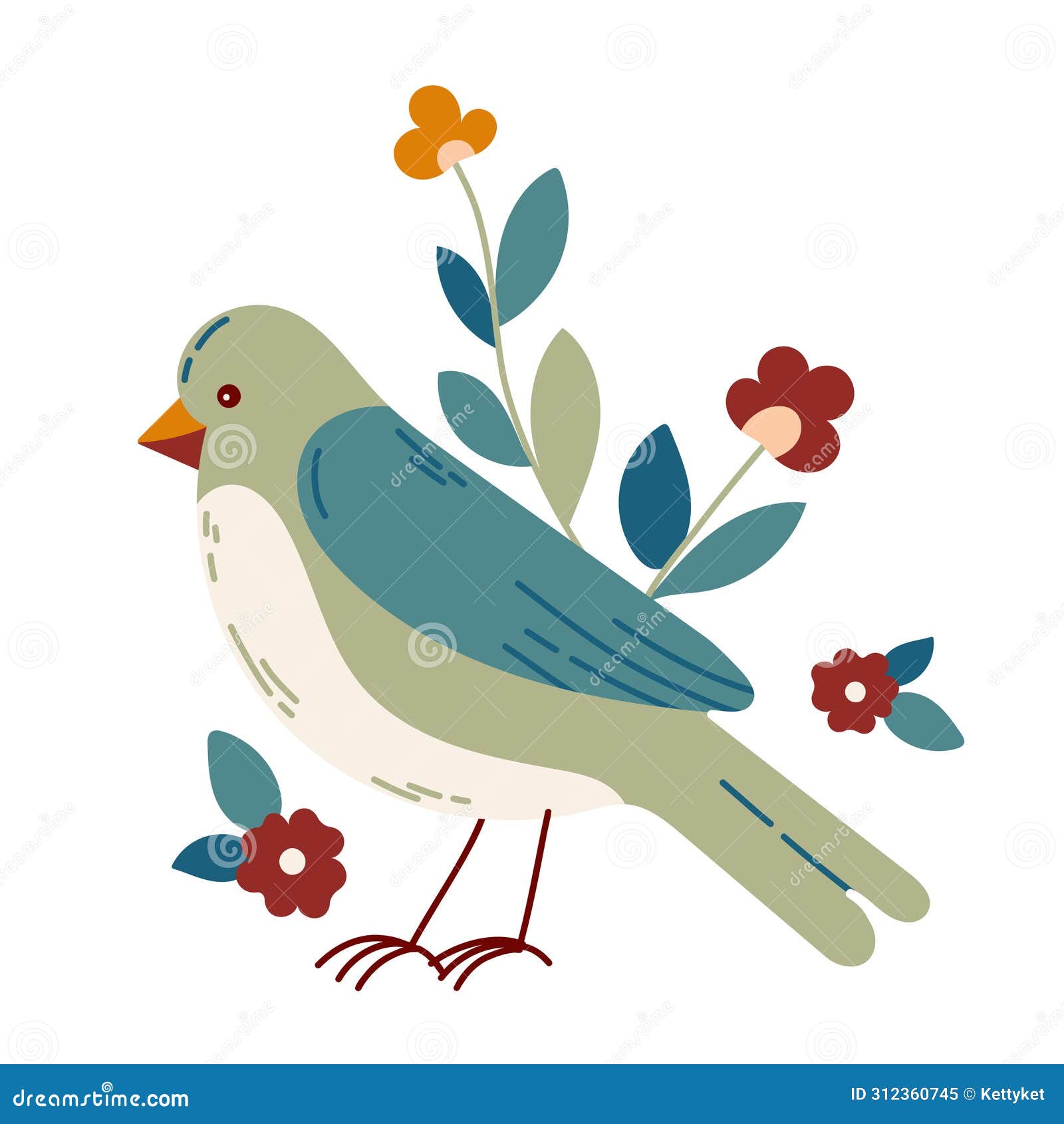 Bird and Flowers with Different Ornaments. Bird in Simple Cartoon Style ...