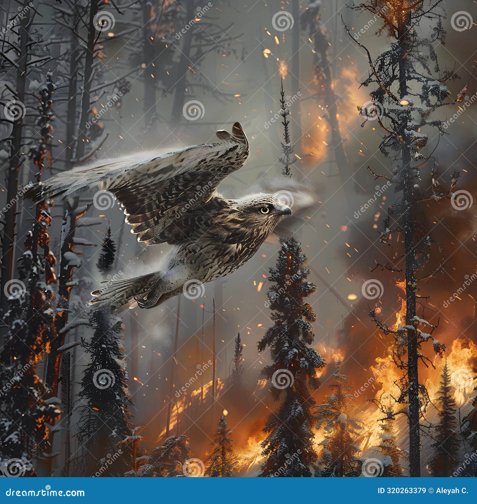 A Bird Flying Over a Burning Forest. Stock Illustration - Illustration ...