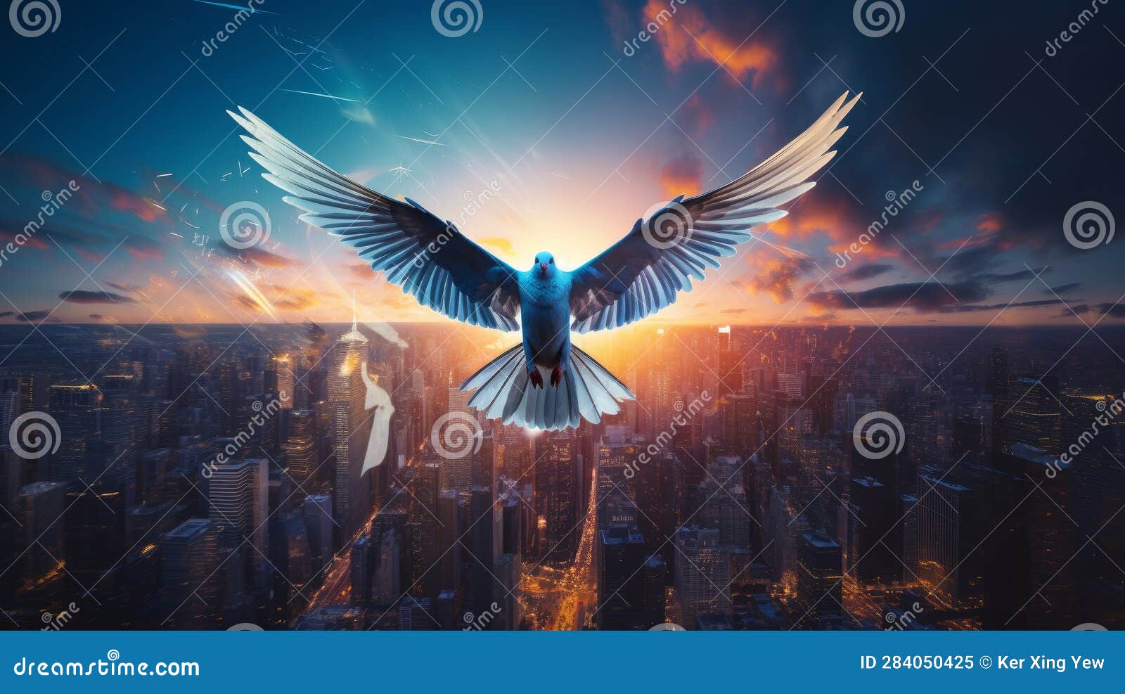 A Bird Flying Over a City at Sunset Stock Image - Image of cityscape ...