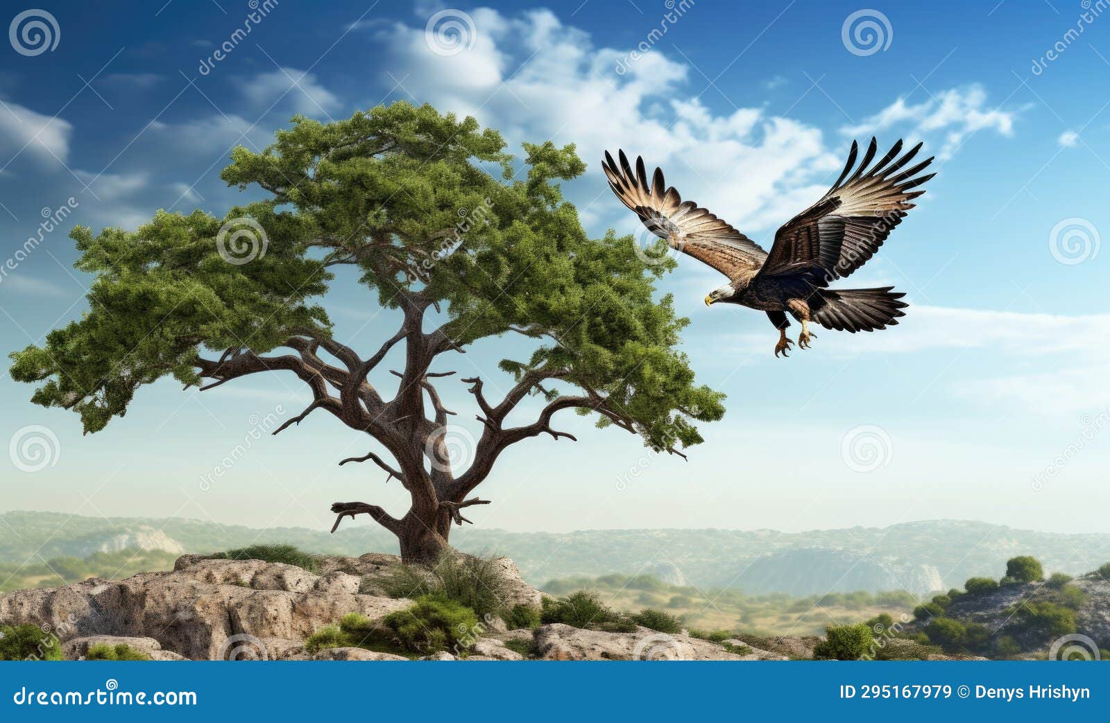 A Bird Flying Over a Tree in Field Stock Illustration - Illustration of ...