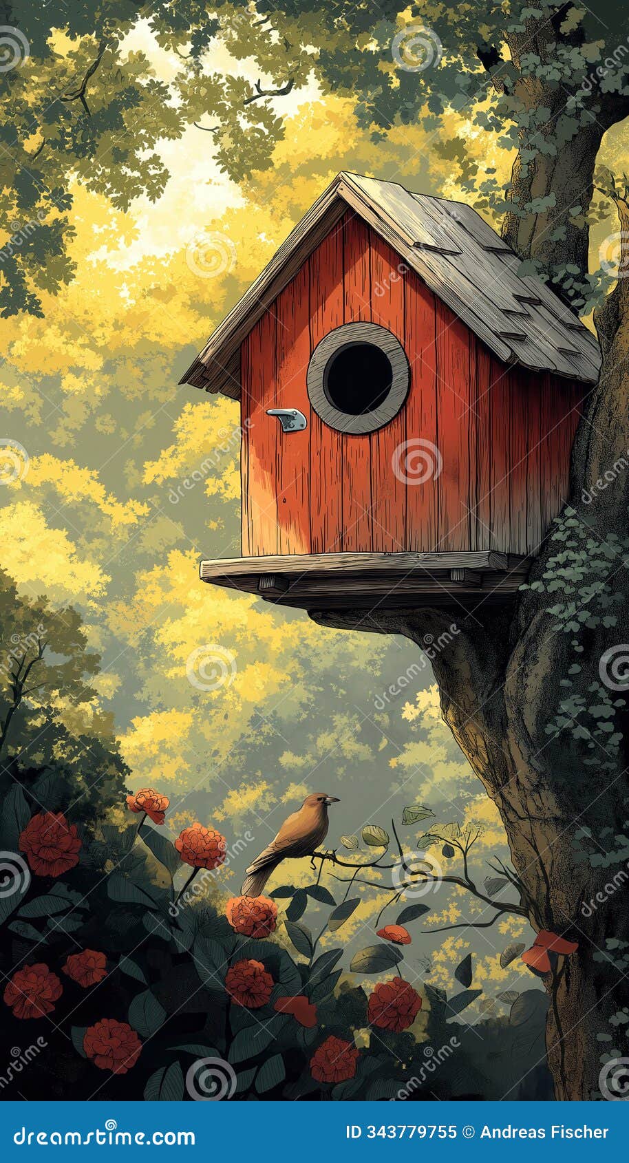 Bird House on a Tree in Cartoon Style. Stock Image - Image of wildlife ...