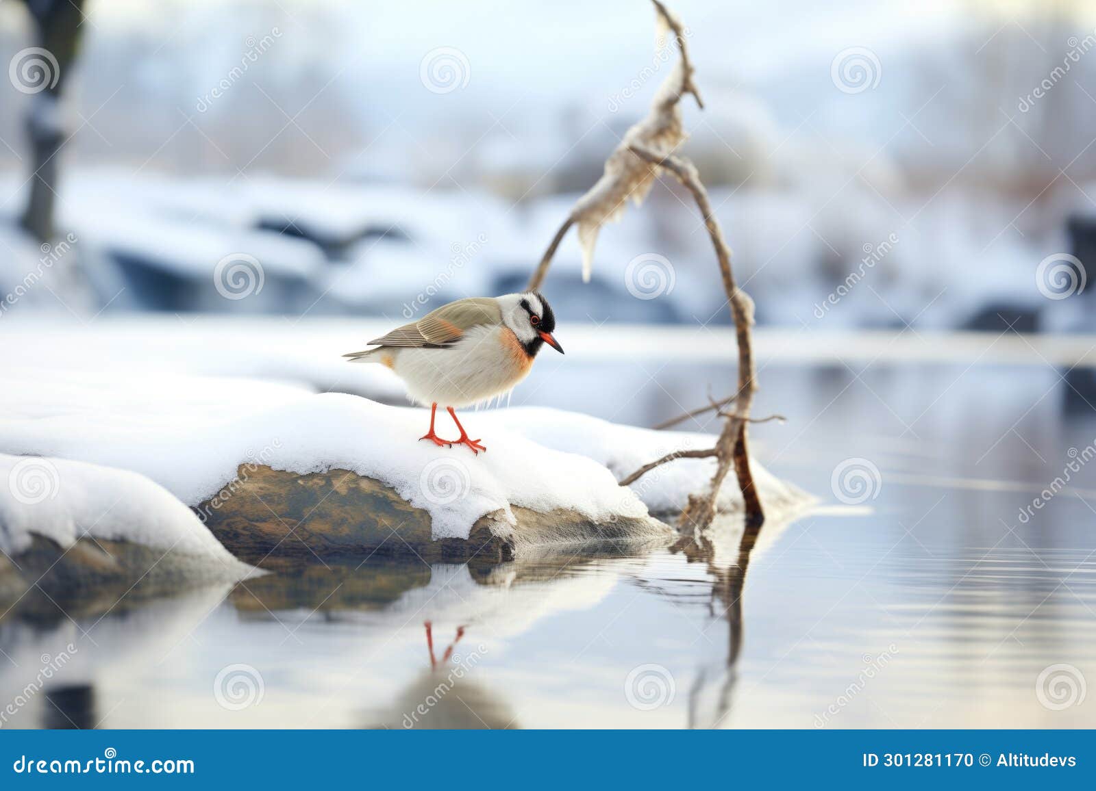 Bird on Ice Edge, River Flowing in Background Stock Illustration ...