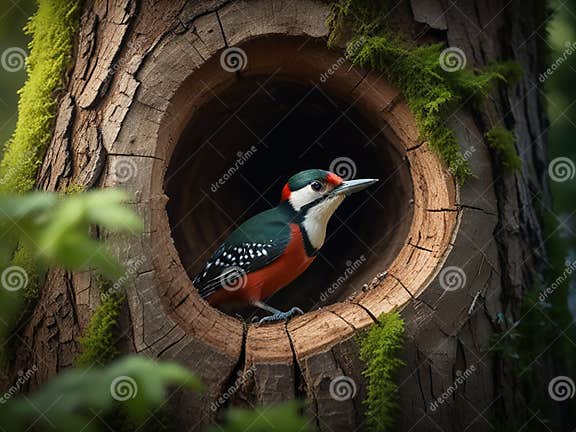 A Bird Makes a Hole and Nests in a Tree Trunk Stock Illustration ...