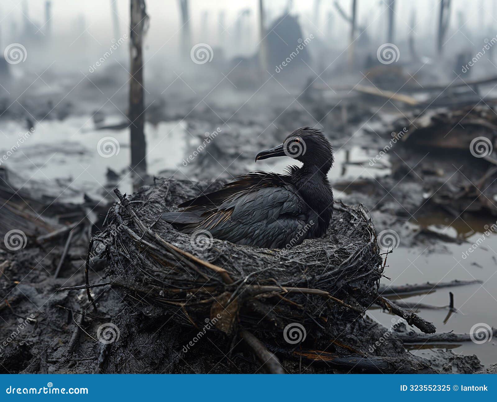 Bird Nesting in a Polluted Marshland Stock Illustration - Illustration ...