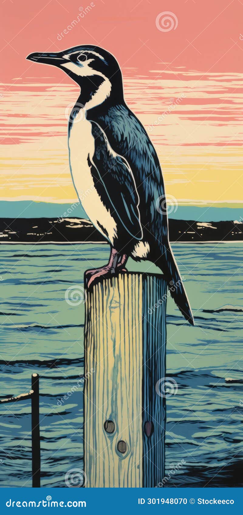 Bird on Ocean Post: Woodcut-inspired Graphic with Bold Outlines Stock ...