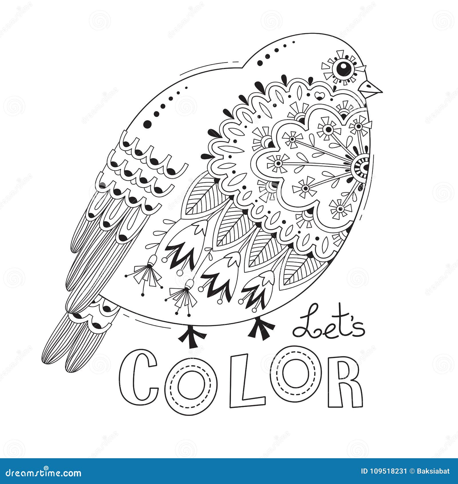 Bird with Patterns and Flowers. Coloring Book Page Stock Vector ...
