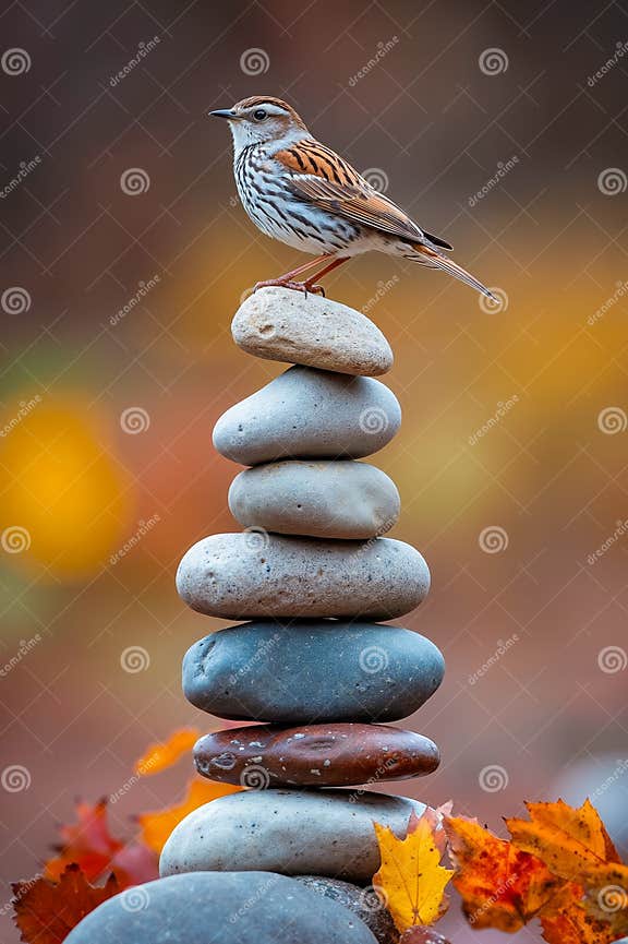 A Small Bird Sitting on Top of a Stack of Rocks Stock Illustration ...
