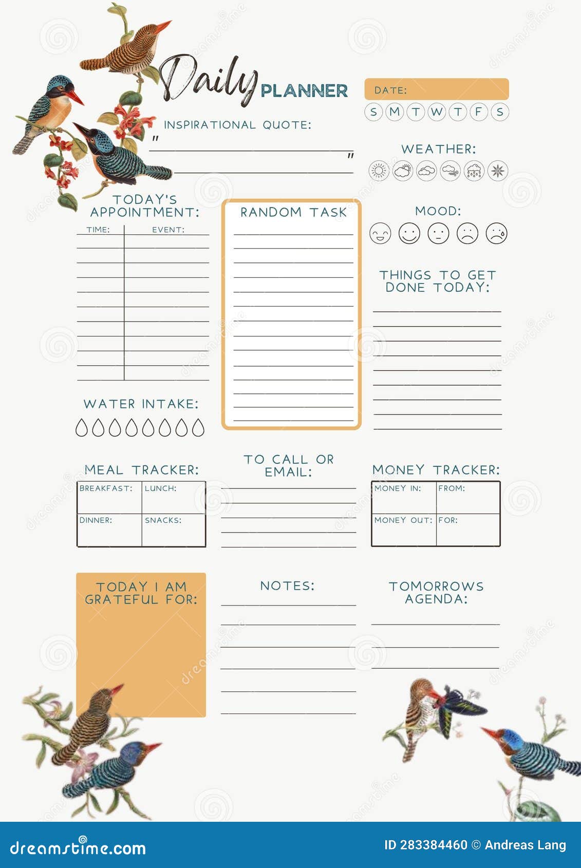 Bird Planner Digital Planning Insert Sheet Printable Page Template Stock Illustration ...