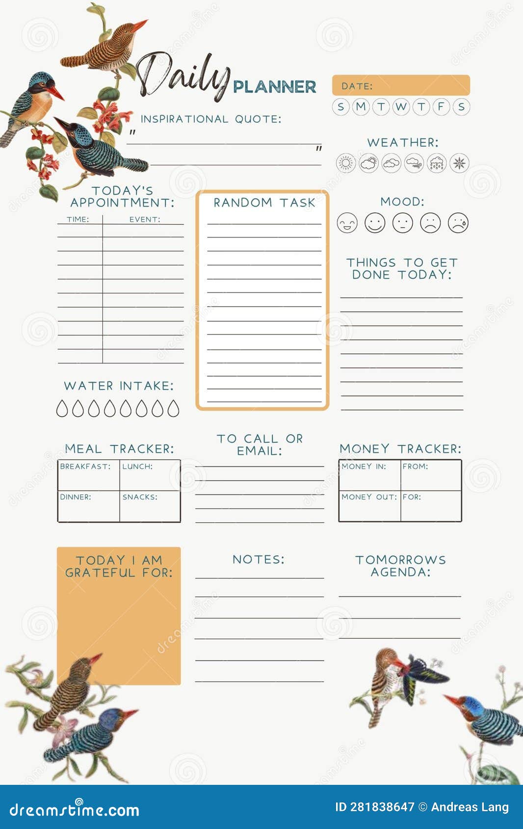Bird Planner Digital Printable Blank Template Insert Stock Illustration ...